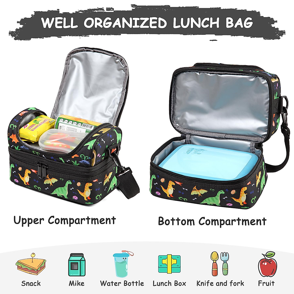 Kasqo Lunch Box Bag for Boys, Insulated Cooler Bag Kids Lunch Tote with Dual Compartments, Black Dinosaur