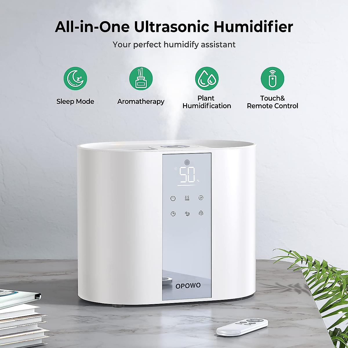 OPOWO Humidifiers for Bedroom, Cool Mist Humidifier for Baby and Plants, 5.5L(1.45 Gal) Top Fill Air Humidifier for Large Room with Essential Oil Diffuser, Sleep, Timer, Touch&Remote Control, Auto Off