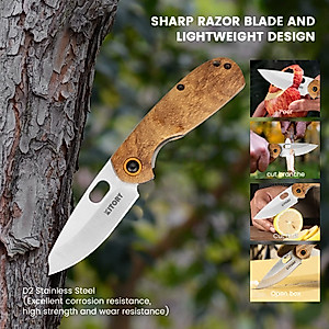 Kitory Pocket Knife 2.7"- EDC- Small Cute Folding Knife, D2 Stainless Sharp Blade with thick Wood Handle with Lanyard Hole, 2023 Gifts For Women and Men