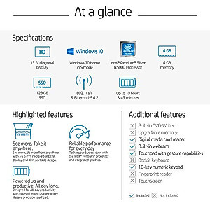 HP 15.6in Laptop (Intel Pentium Quad-Core N5000, 4GB RAM, 128GB SSD, HDMI, WiFi, Bluetooth, HD Webcam, Windows 10 S) (Renewed)
