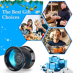 YOYOSTUDIO Yoyo Professional Unresponsive Yoyos with Dual Aluminum Alloy Rings, Pro Tricks Yo yos for Adults, Metal Yoyo for Kids Beginners with Strings, Gloves & Case Black and Blue (Black Ring)