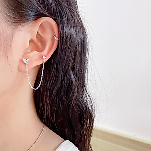 Double Holes Butterfly Halo CZ Small Stud Cuff Wrap Tassel Chain Crawler Climer Dangle Drop Earrings for Women Cartilage S925 Sterling Silver Piercing Animal Jewelry Gifts Daughter Sister