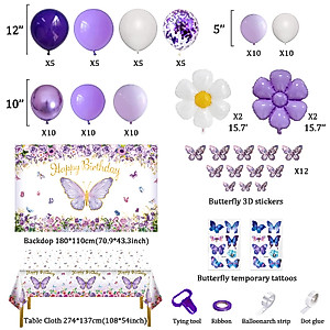 Butterfly Party Decorations, Girls Birthday Themes Decorations with Purple Balloon Arch Kit Butterfly Photography Backdrop Banner and Tablecloth for Girls Women Butterfly Birthday Decor