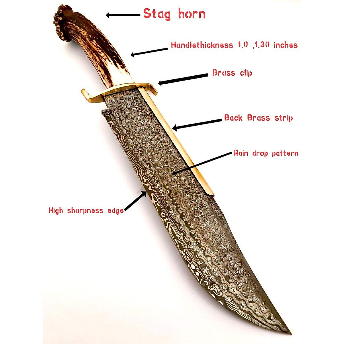 NoonKnives: 15.5" Hand Made Damascus Steel Collectible TEXAS Bowie Knife Handle Brass clip with stag horn