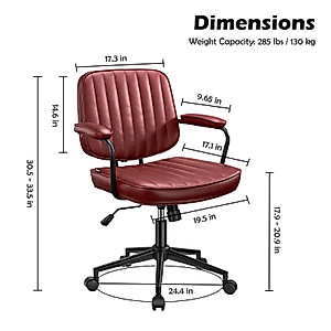 Mid Century Office Chair Leather Desk Chair Burgundy Office Desk Chair Home Office Chair with Wheels and Arms, by Artswish