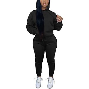 Alunzoem Jogger Sets for Women 2 Piece Long Sleeve Hooded Sweatshirt and Skinny Pants Sweatsuit Black M