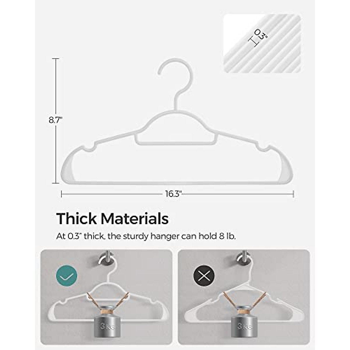 SONGMICS Plastic Hangers, 30 Pack Lightweight Space-Saving Hangers, Hangs up to 8 lb, Heavy-Duty Clothes Hangers for Coats, Pants, Dresses, White UCRP007W30