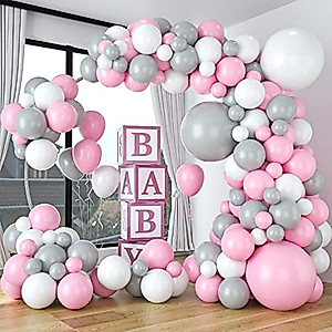Grey and Pink Balloon Garland Arch Kit, 113Pcs Grey Pink White Latex Balloons for Baby Shower Wedding Birthday Graduation Anniversary Bachelorette Party Background Decoration