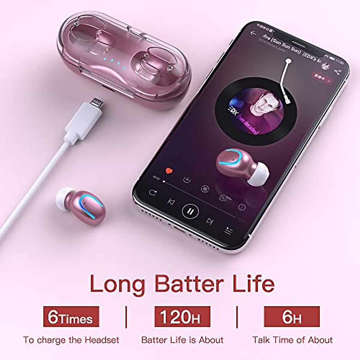 True Wireless Earbuds for Small Ears, Bluetooth Headphones 48h Playtime IPX7 Waterproof Sport Headphones in-Ear, with Mic Noise Cancelling for iPhone/Samsung/Galaxy for Men Women Rose Gold