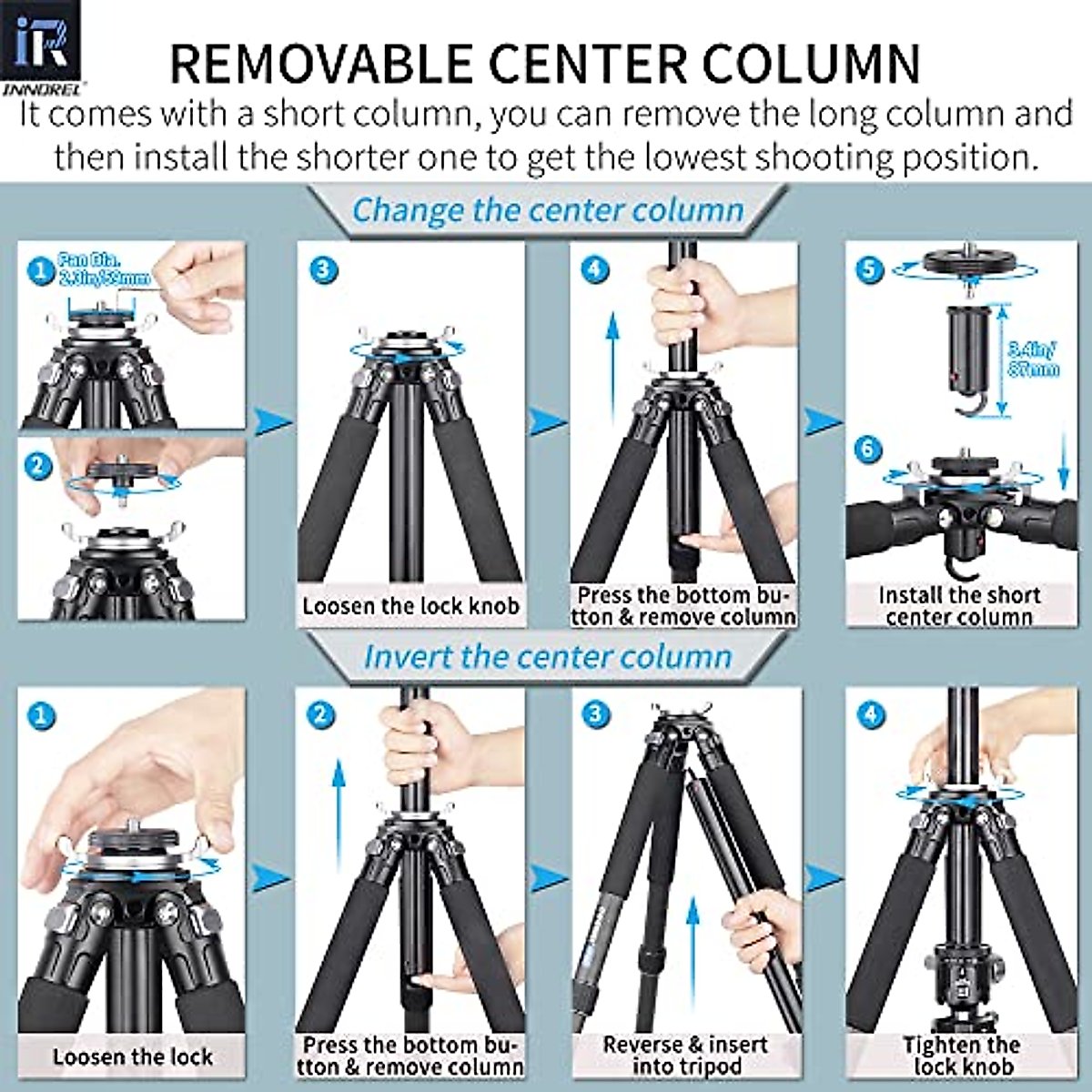 Carbon Fiber Tripod-INNOREL GT324C Professional Compact Tripod for DSLR Camera Heavy Duty Stand with Low Gravity Center Ball Head Special-Shaped Center Column Max Load 55lbs/25kg