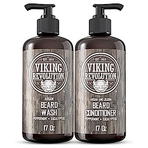 Viking Revolution Beard Wash & Beard Conditioner Set w/Argan & Jojoba Oils – Softens, Smooths & Strengthens Beard Growth - Natural Peppermint and Eucalyptus Scent - Beard Shampoo w/Beard Oil (17 oz)