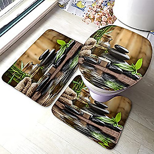 WONDERTIFY Zen Bathroom Antiskid Pad Basalt Stones Spa Oil Wood Green Bamboo Black Pebble 3 Pieces Bathroom Rugs Set, Bath Mat+Contour+Toilet Lid Cover