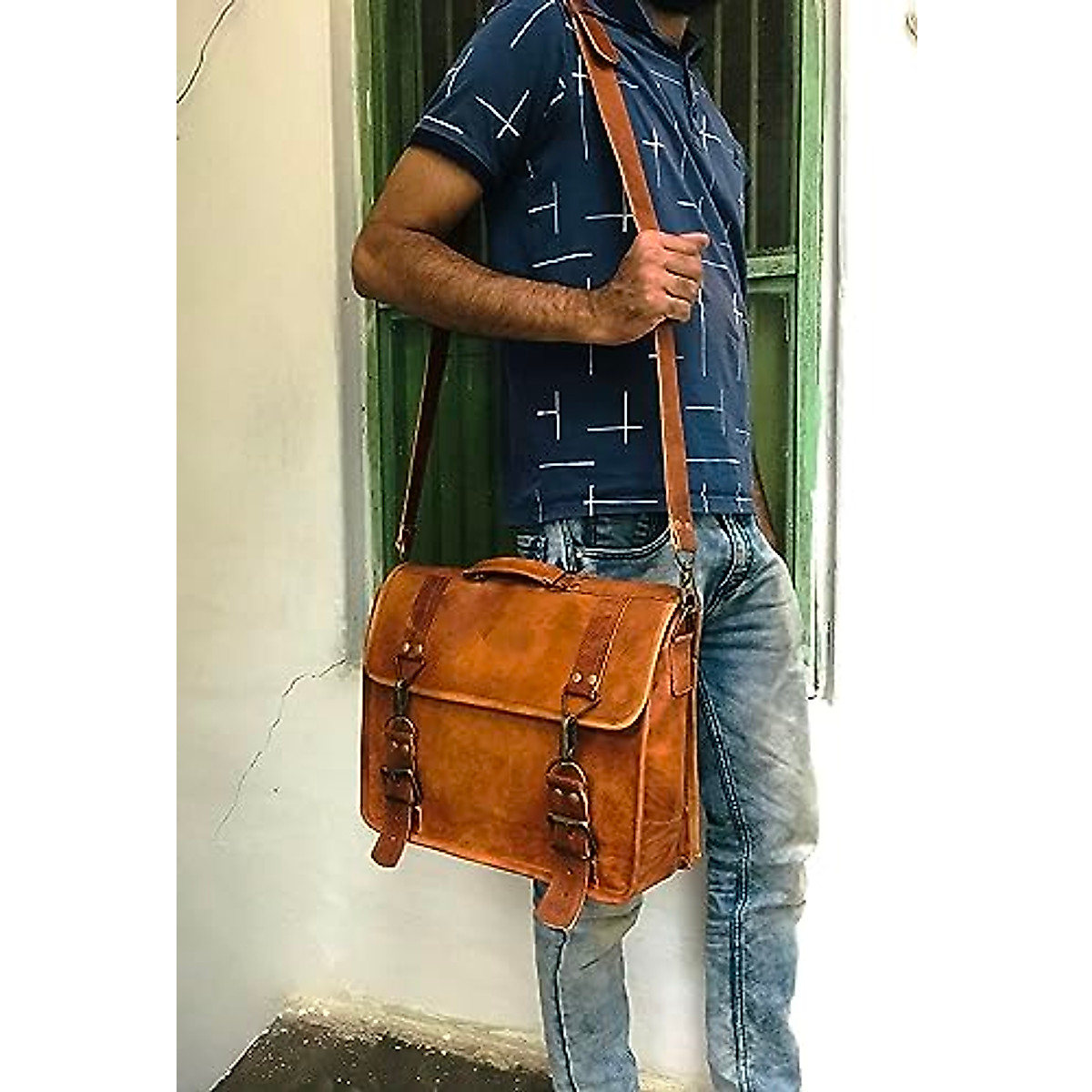 Mens Messenger Bag 15 Inch Vintage Rustproof Genuine Leather Briefcase Large Leather Laptop Computer Bag Rugged Satchel Shoulder Bag, Brown