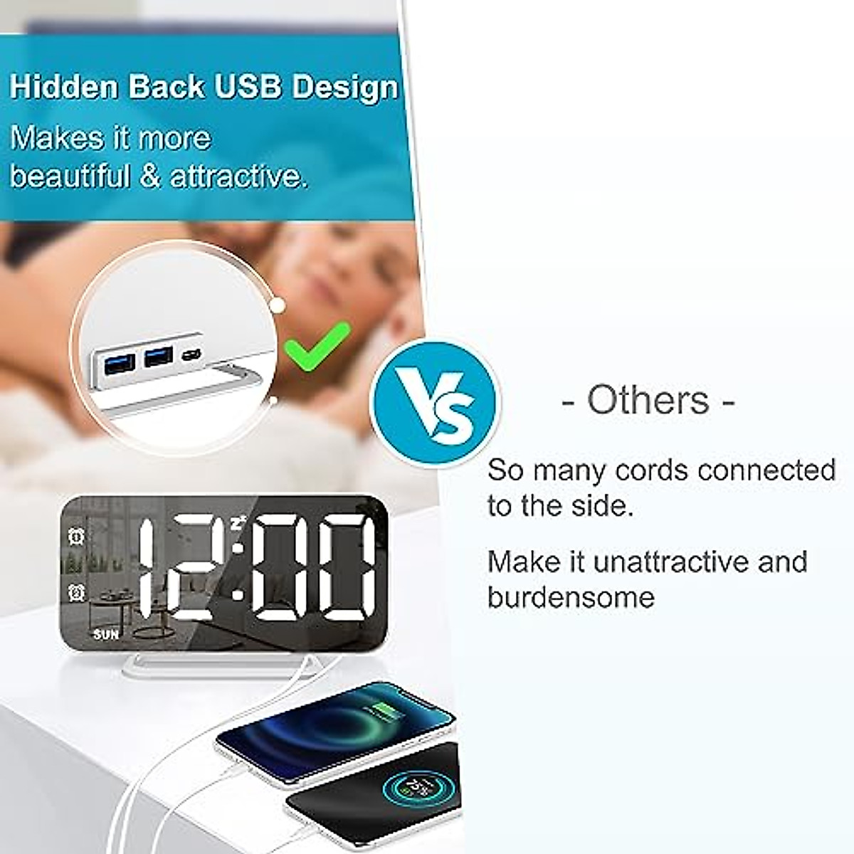 Slim LED Digital Alarm Clock, Mirror Surface for Makeup, with Diming, Large Display, Easy Setting, USB Ports, Modern Decor for Bedroom, Desk, Christmas, Birthday Gift for Women, Daughter, Girl, White