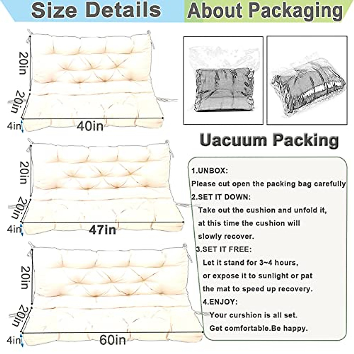 Outdoor Swing Replacement Seat Cushions Pad, 3 Seater Waterproof Non Slip Overstuffed Bench Cushion, Loveseat Cushions with Ties for Porch Garden Furniture Patio Lounger Bench(Khaki 40x60 inch)