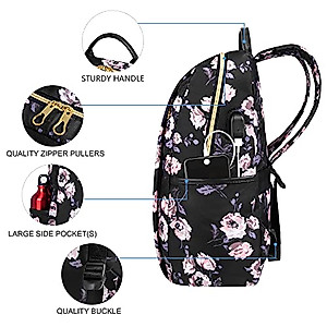 KROSER Laptop Backpack 15.6 Inch lightweight College Backpack Water-Repellent Casual Daypack with USB Charging Port for Women/Travel/Business-Rose Pattern
