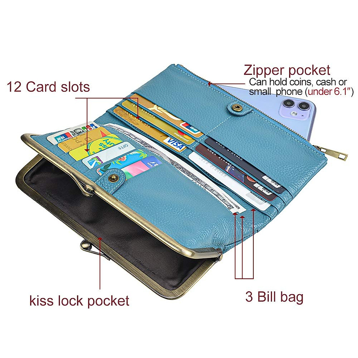 EASTNIGHTS Rfid Blocking Wallets for Women Leather Clutch Wallet Bifold Credit Card Holder Ladies Coin Purse with Zipper and Kiss Lock (Blue)