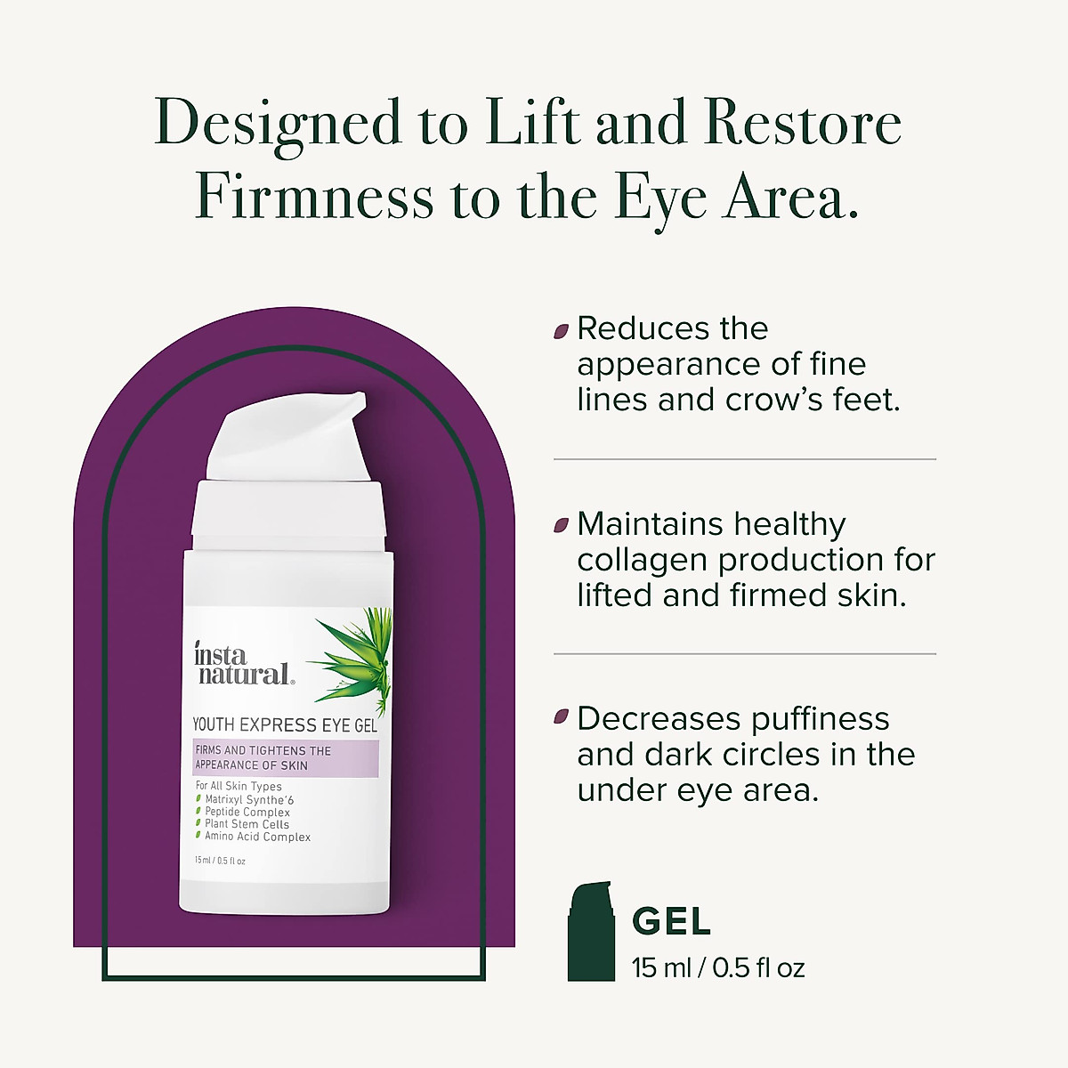 InstaNatural Youth Express Eye Gel, Natural Anti Aging Eye Cream, with Jojoba Oil, Amino Acids and Peptides, Hydrating & Brightening Under Eye Cream for Dark Circles, Softens Lines & Wrinkles