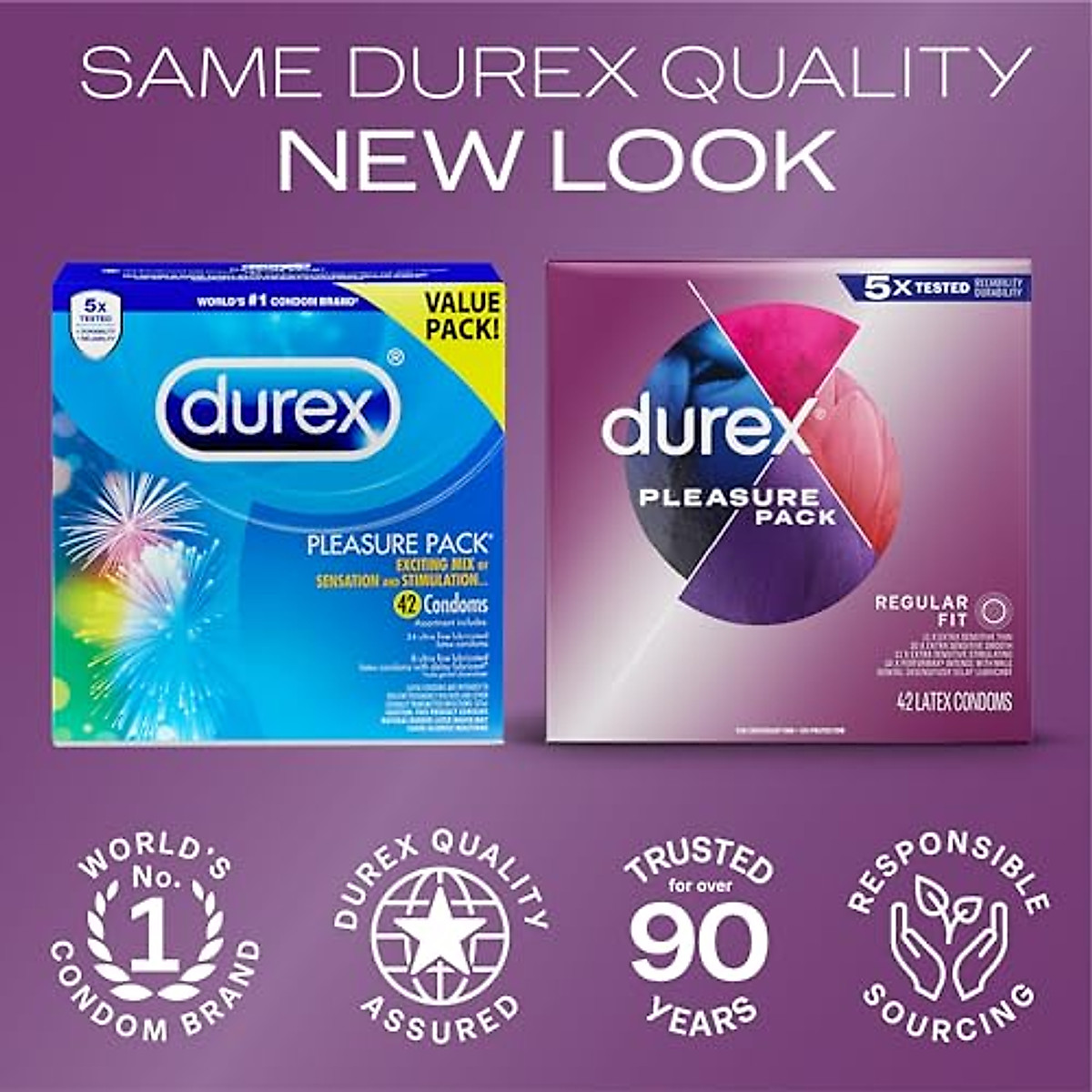 Durex Pleasure Pack Assorted Condoms, Natural Rubber Latex Condoms for Men, Regular Fit, FSA & HSA Eligible, 42 Count (Packaging may Vary)
