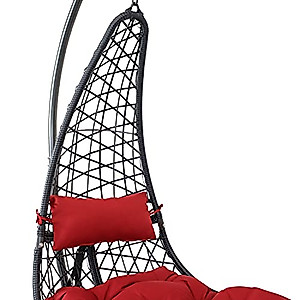 Sunnydaze Phoebe Hanging Lounge Chair with Stand and Seat Cushions - Resin Wicker Outdoor Basket Swing Chair with Steel Frame for Patio, Porch, Balcony, Backyard and Garden - 79-Inch - Red