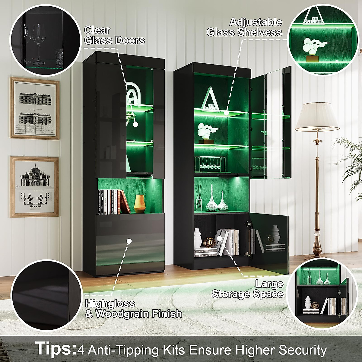 AMERLIFE Entertainment Center with Fireplace and Bookcases, Includes 70" 2-Tier Fireplace TV Stand with 36" Fireplace, 2 x Modern High Gloss Bookshelves with LED Lights & Glass Doors, Black