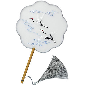 Handmade Folding Fan Fan Round Fan Fan Embroidery Crane Embroidery Hanfu Fan Silk Long Handle Summer Cool Handheld Fan (Color : White)