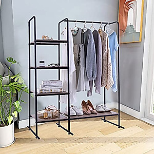 Metal Garment Rack, Free Standing Closet Storage Organizer w/ 5 Shelves & Hanging Bar, Open Wardrobe Rack for Hanging Clothes and Storage, Clothes Rack for Bedroom Living Room Entryway,Black/Dark Brown(Model:2103)