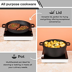 Pre-Seasoned Cast Iron Dutch Oven Casserole Pot - Cast Iron Skillet Lid – 2 in 1 Cooking Cookware Pan Set – Dutch Oven Pot with Lid – Black, 5 Quarts, 26cm – by Nuovva