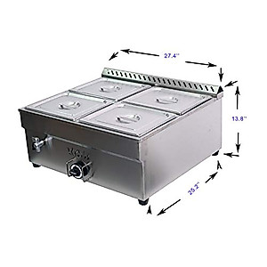 INTBUYING LP Gas Food Soup Warmer Propane Gas Stove Bain-Marie Commercial Canteen Buffet Steam Heater Stainless Steel with Gas Regulator Valve 12''x8.7''x4''Pan-4 Pans（Square）