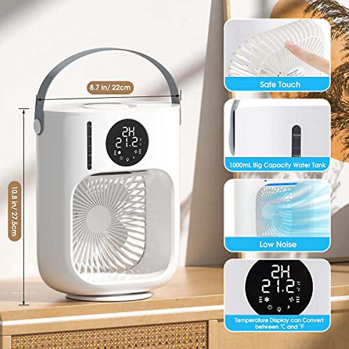 Air Cooler Fan Portable Air Conditioners Fan 2022 LCD Touch Screen Evaporative Air Cooler Portable Air Cooler for Bedroom, Office, Living Room,Classroom & More, for Summer Days & Nights