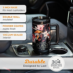 Christian Art Gifts Extra Large Stainless Steel Double Wall Vacuum Insulated Travel Tumbler for Women: Hope & Future Inspirational Scripture, Lid, Straw, Sturdy Handle, Black Multicolor Floral, 40 oz.