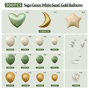 300pcs Sage Green White Sand Gold Balloons Garland Arch Kit, Different Sizes 5/10/12/18in Gold Confetti Balloon for Wedding Birthday Bridal Graduation Baptism Shower Party Decorations Supplies
