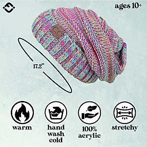 Funky Junque Oversized Slouchy Beanie for Women - Soft Warm Chunky Cable Knit Hat, One Size, Four-Tone Mix (Yellow, Hot Pink, Turquoise, Pink)
