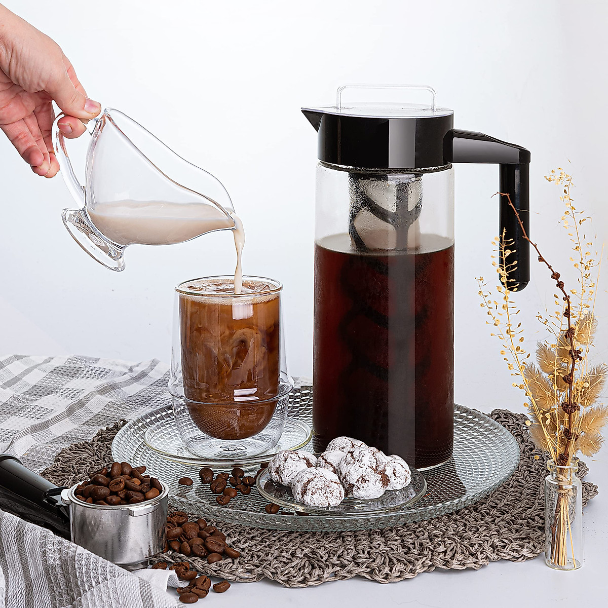 Mixpresso Cold Brew Maker For Iced Coffee and Iced Tea, Cold Coffee Maker Glass Pitcher, Tea Infuser For Loose Leaf Tea, 44oz Large Ice Tea Brewer with Easy to Clean Reusable Mesh Filter.