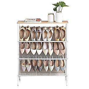 Nevfiro 4-Tier Shoe Rack Storage Organizer, Narrow Shoe Rack Shelves with 3 Metal Mesh for Bedroom Closet, Entryway, Hallway, Wire Grid, Shoe Shelf with Wood Top Board, 10-12 Pairs