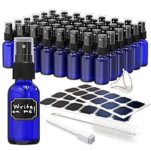 Nevlers 48 Pack Blue 1 Oz Glass Spray Bottle | The Blue Misting Glass Bottles Includes Sprayers, a Funnel & Brush with Bonus Labels to Easily Identify its Contents