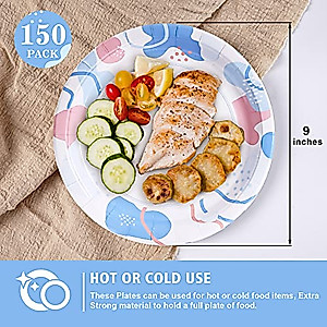 Tyzarglef 150 Count Paper Plates 9 inch Bulk Printed Disposable Dinner Plates Heavy Duty Soak-proof for Everyday Use and All Occasions