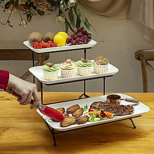 HAPPY KIT 3 Tier Serving Tray with Tong, Ceramic Rectangular Serving Platters for Cupcake Stand Display, 16/14/12inch Tiered Serving Tray with Collapsible Sturdy Metal Rack for Dessert Server Display