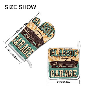 FCZ Oven Mitts and Pot Holders Kitchen Gloves Non Slip Oven Mitts and Hot Pads BBQ Gloves Oven Mitts and Hot Pads for Kitchen Cooking Baking Grilling Vintage Classic Race Car Green