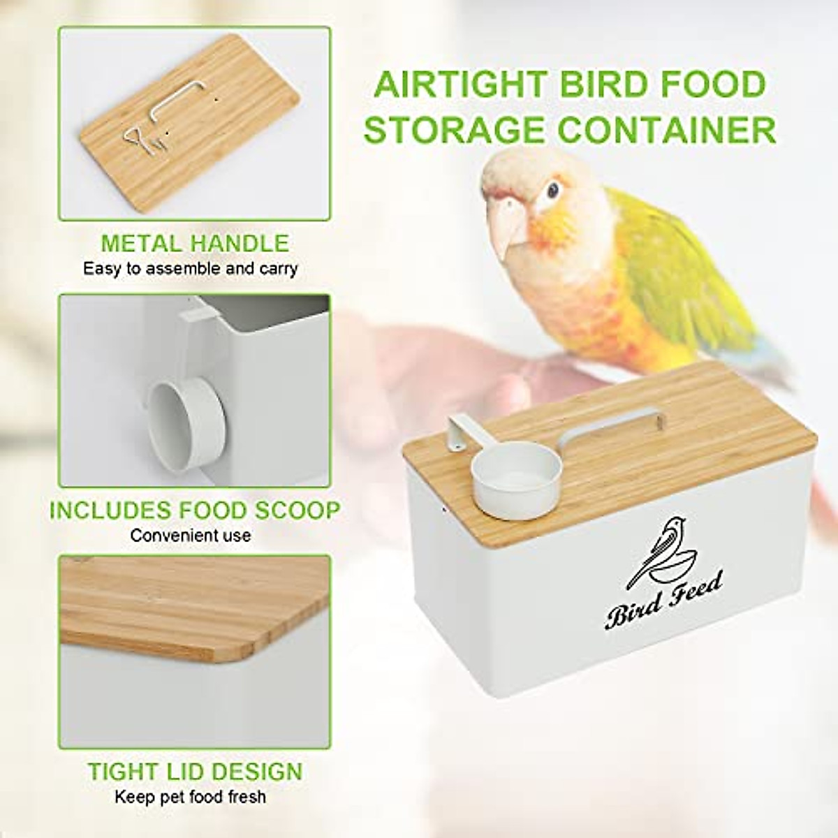 Brabtod Bird Seed Storage Container-Rectangular Pet Food Tin-with Bird Seed Scoop,Metal Airtight Bird Food Feeder with Wooden Lid, Ideal Store Sunflower Seed Wild Birdseed-White