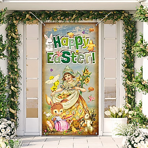 Happy Easter Door Cover Vintage Easter Eggs Bunny Decorations Easter Theme Retro Banner Welcome Spring Backdrop for Outdoor Indoor Party Supplies
