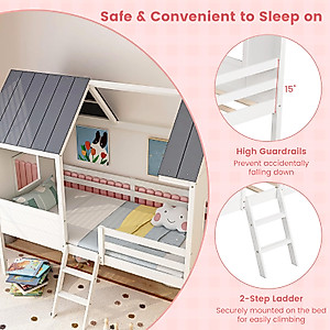 Giantex Twin House Bed Frame, Kids Low Loft Bed Frame with Roof, Side Windows & Ladder, Wooden Slatted Support Playhouse Bed for Girls, Boys, Teens, No Box Spring Needed, White