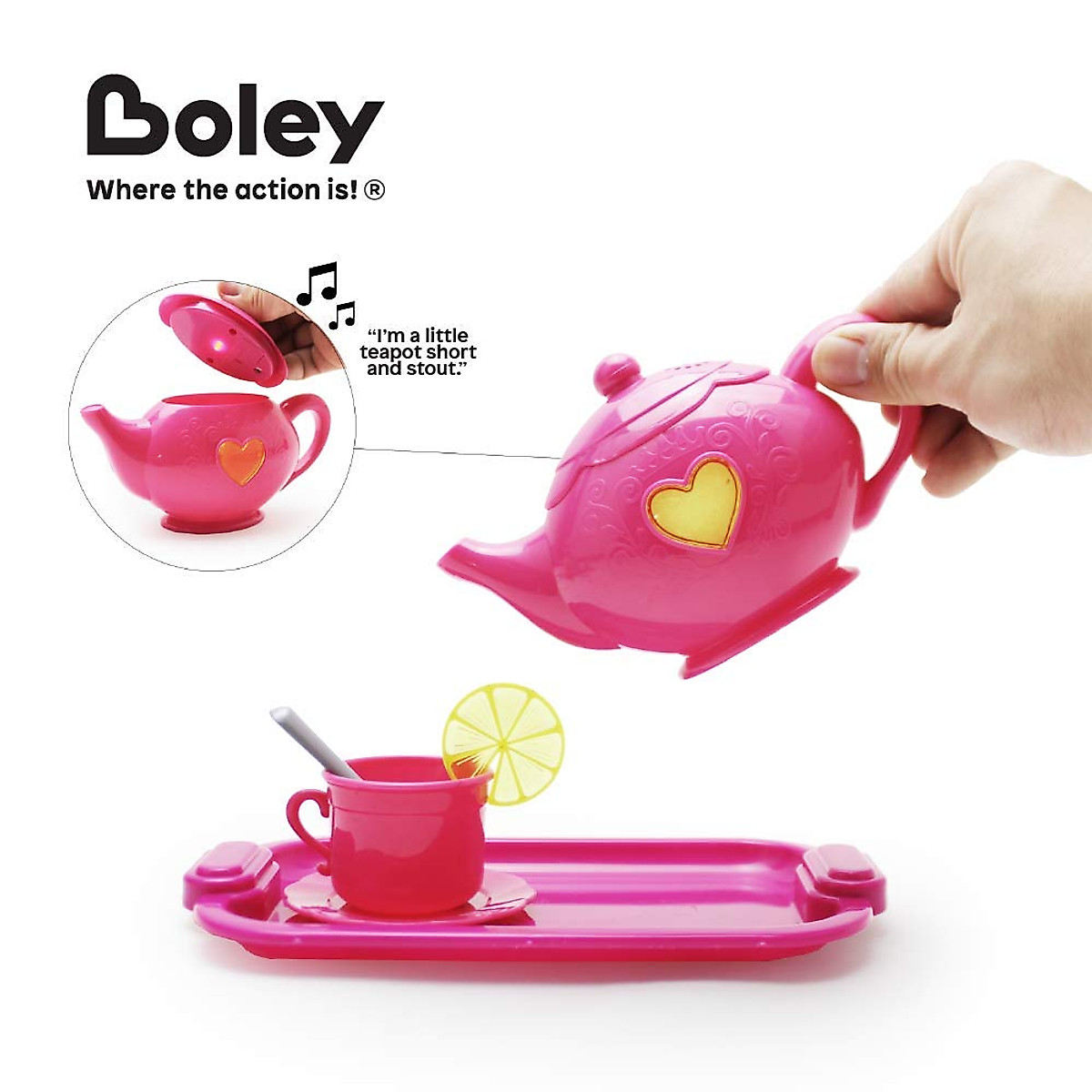 Boley Tea Set - 40 Piece Children's Tea Party Set with Princess Pink Teapot and Plastic Tray, Vintage Teacups with Saucers and Lemon Slices, Fancy Cake Stand with Cutlery and Play Food Mini Desserts