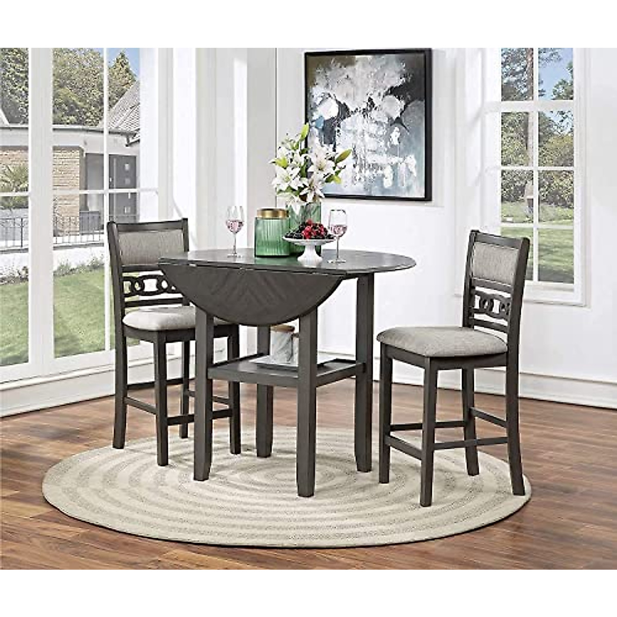 New Classic Furniture Gia Drop Leaf Counter Table with Two Chairs, 42-Inch, 42.25" Set, Grey