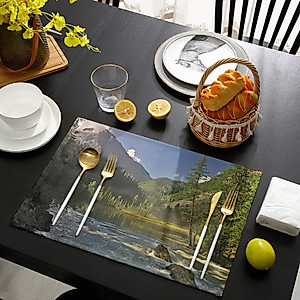 Placemats Set of 4, Flowing River and Pine Trees with Scenic Mountain Place Mats Dining Table Mat for Kitchen Washable Place Mats Heat-Insulation Non-Slip Plate Cup Mats for Table Decor, 13 x 19 Inch