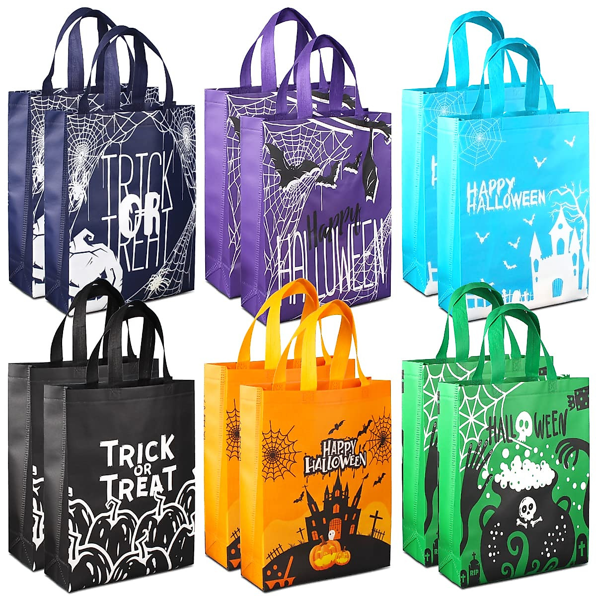 Aviski 12PCS Halloween Trick or Treat Bags,Halloween Tote Bags with Handles, Large Gift Bags, Multifunctional Non-Woven Halloween Bags for Gifts Wrapping, Halloween Party Supplies, 15×11.8×3.9"