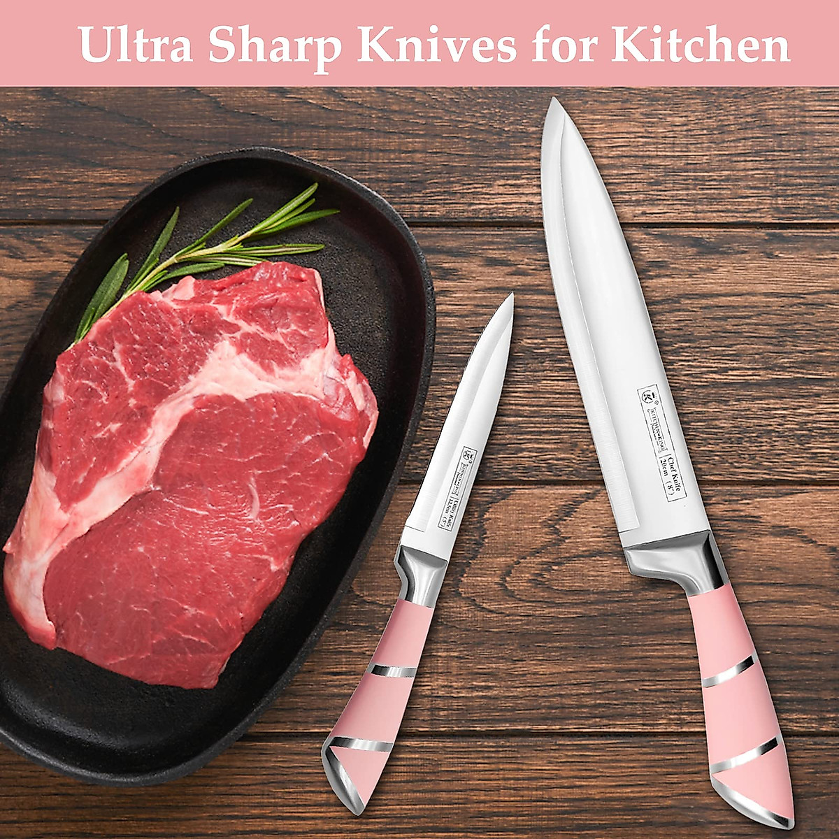 Kitchen Knife Set, 9-Pieces Pink Professional Sharp Chef Knife Set with Acrylic Stand, Striped Hollow Handle Knife Block Set with Gift Box for Family Lover Friends