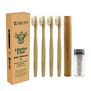 Gaia Guy Bamboo and Boar Bristle Toothbrush (4 Pack) + Travel Case & Silk Dental Floss | 100% Compostable Bristles and Floss | Eco-Friendly Dental Set | Biodegradable & Compostable Wooden Toothbrushes
