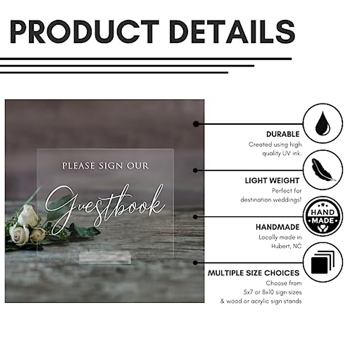 Elegant Please Sign Our Guestbook Acrylic Modern Wedding Sign with Included Clear Acrylic Base - Perfect for Weddings (8X10 or 5X7 with Clear Acrylic Stand) - Sweet Carolina Collective