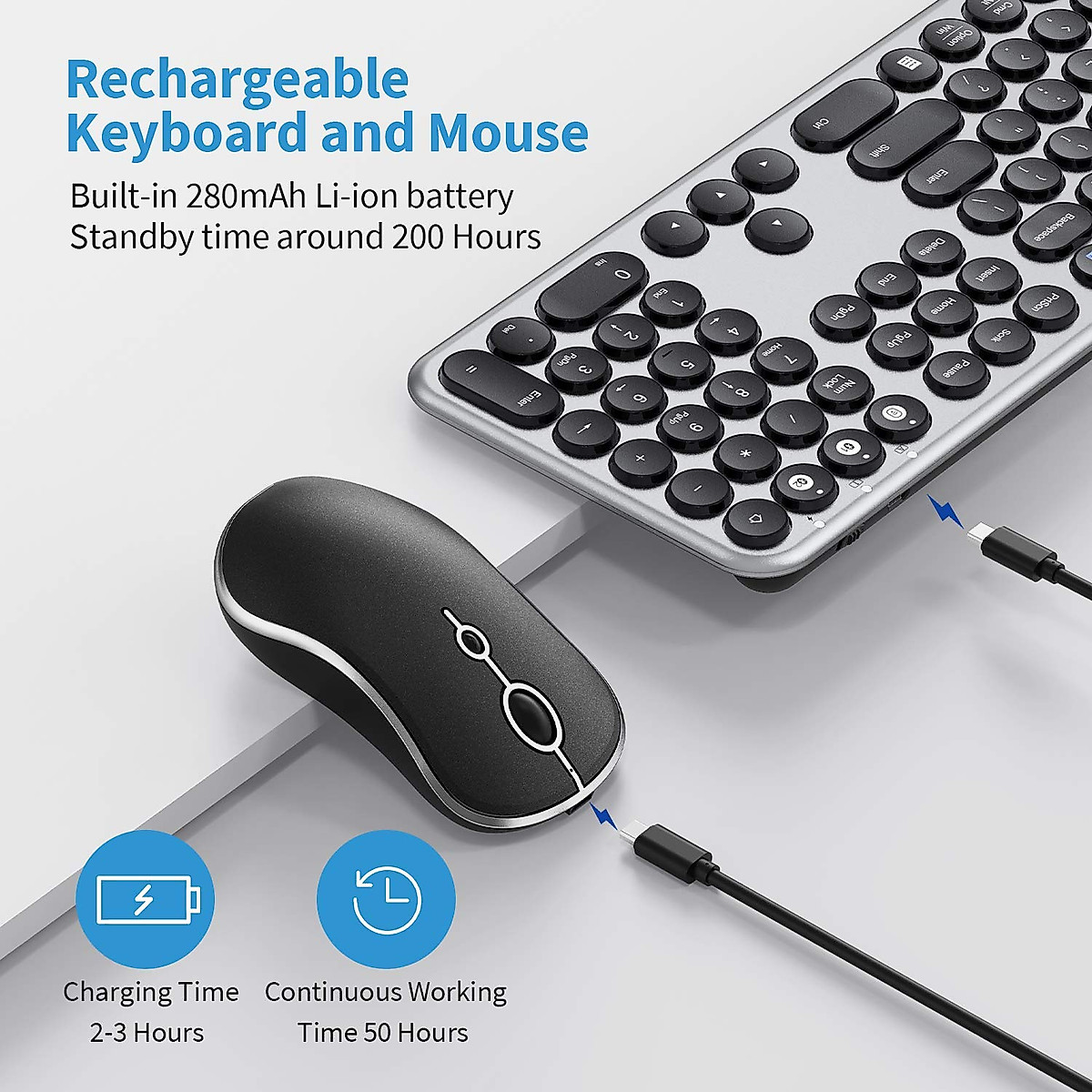 Multi-Device Bluetooth Keyboard Mouse, Full Size 2.4GHz Rechargeable Wireless Keyboard Mouse Combo, Connect up to 3 Devices for Windows, Android, Mac OS